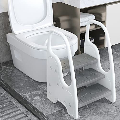 Toddler 3 Step Stool Standing Tower for Kids Plastic Learning Helper Stool for Kitchen Counter Book Shelf Bathroom Sink Toilet Potty Training with Handles(Gray)