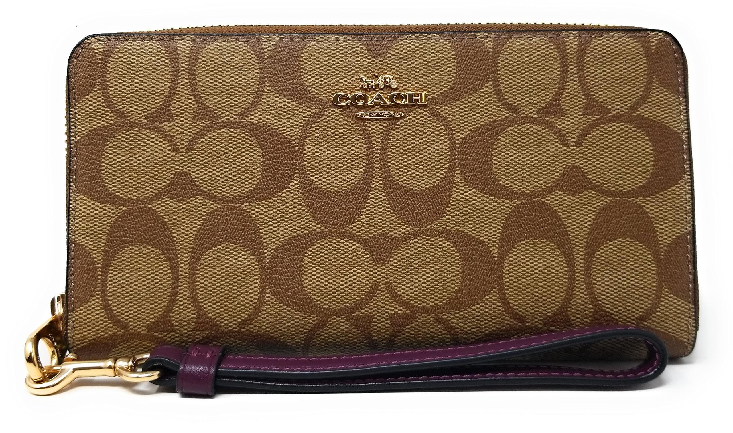Coach Women's Long Zip Around Wallet (Signature Canvas, Khaki - Boysenberry)
