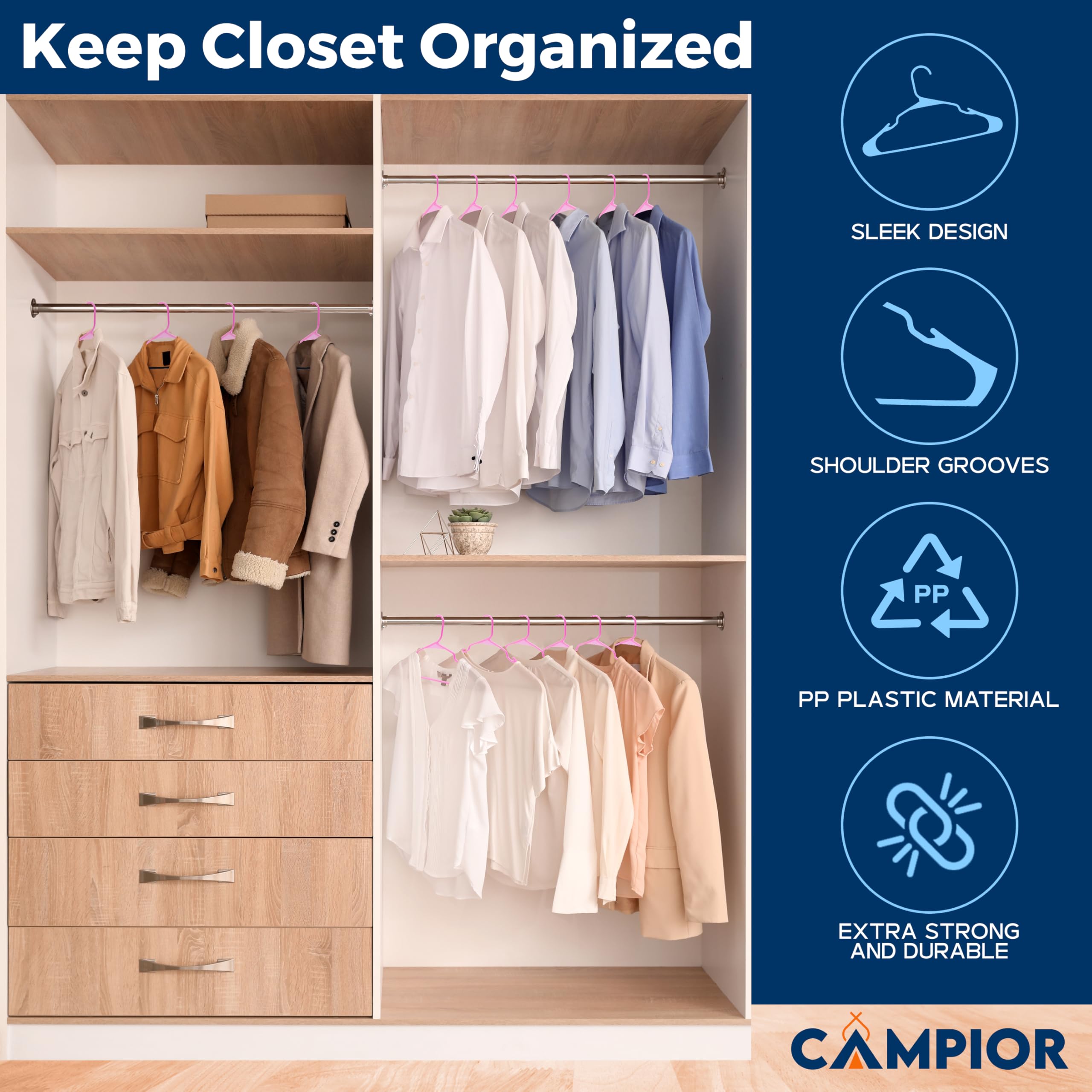 Campior Premium Clothes Hangers β Space-Saving Slim Design, Lightweight and Durable Plastic with Smart Shoulder Grooves, Versatile Usage for Organizing Laundry, Coats, and Clothes, Pink, Pack of 50