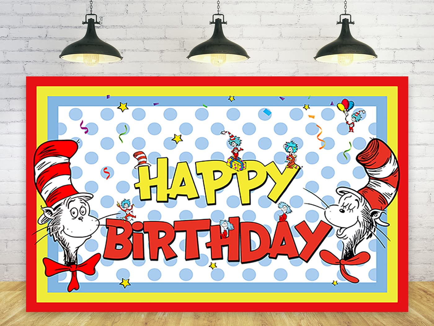 Blue Dots Backdrop Party Supplies Dr Seuss Birthday Theme Photo Background Cat in The Hat Banner for Birthday Party Caketable Decoration 5x3ft