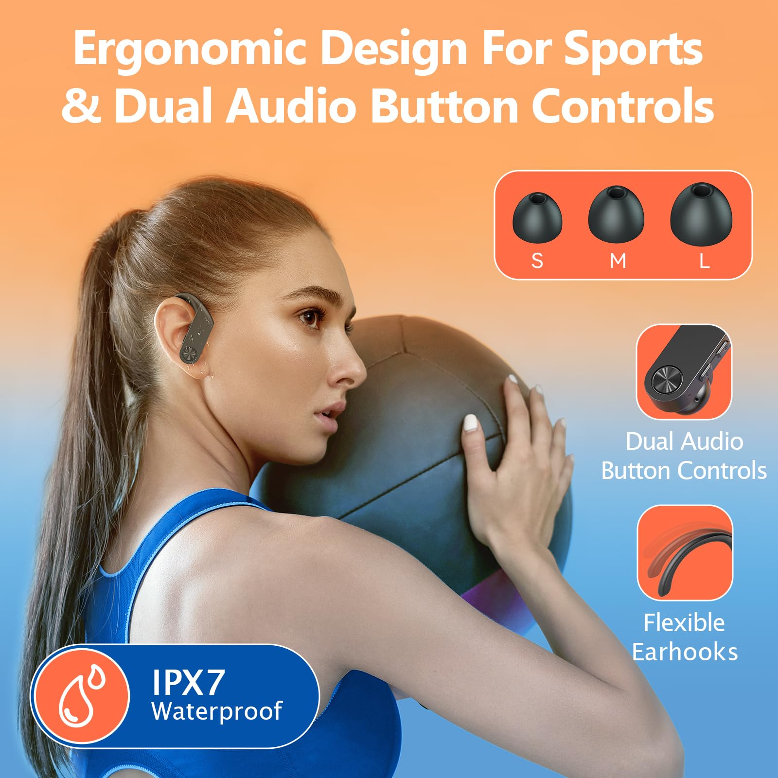 Bluetooth Headphones Wireless Ear Buds for Sport Workout Laptop TV Computer Phone Black