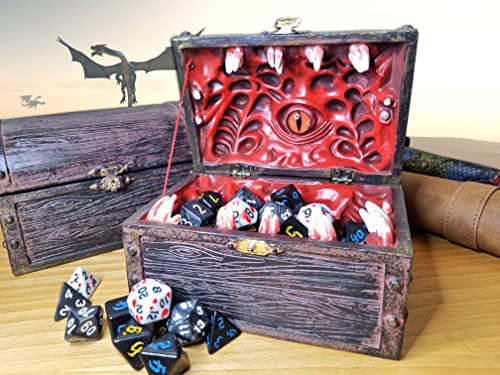 Power Beast Dungeon Mimic Chest Dice Storage Box with Glass Eye, Miniatures and Dungeons and Dragons Accessories, D&D Gift, DND, Dungeon Master, Holds up to 5 Sets of Polyhedral Dice. RPG Game. (RED)
