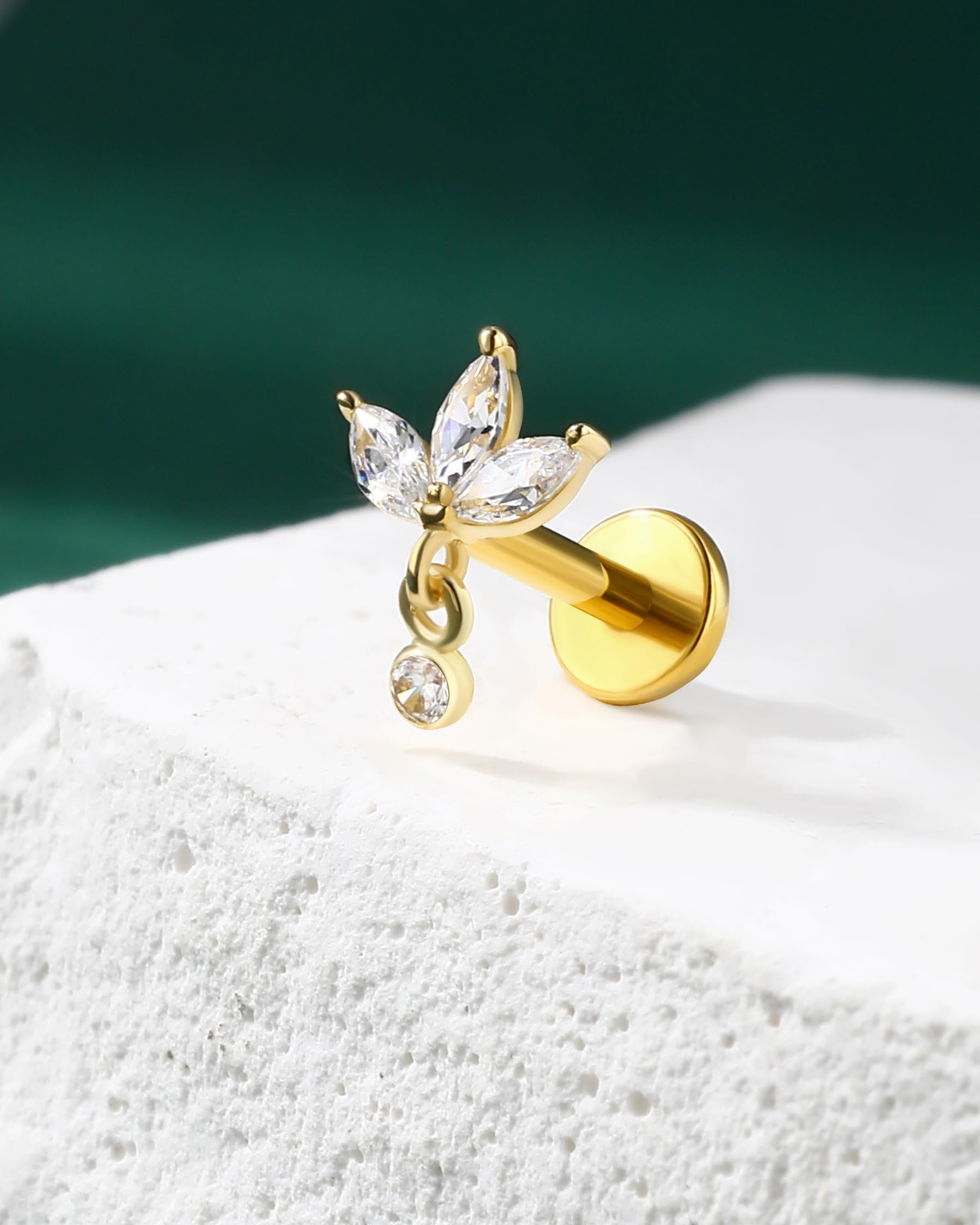 COCHARM 14k Solid Gold Dangling Helix Earings 18g Yellow Gold Cartilage Earrings Stud Real Gold Lotus Flower 18g Tragus Earrings Stud For Women
