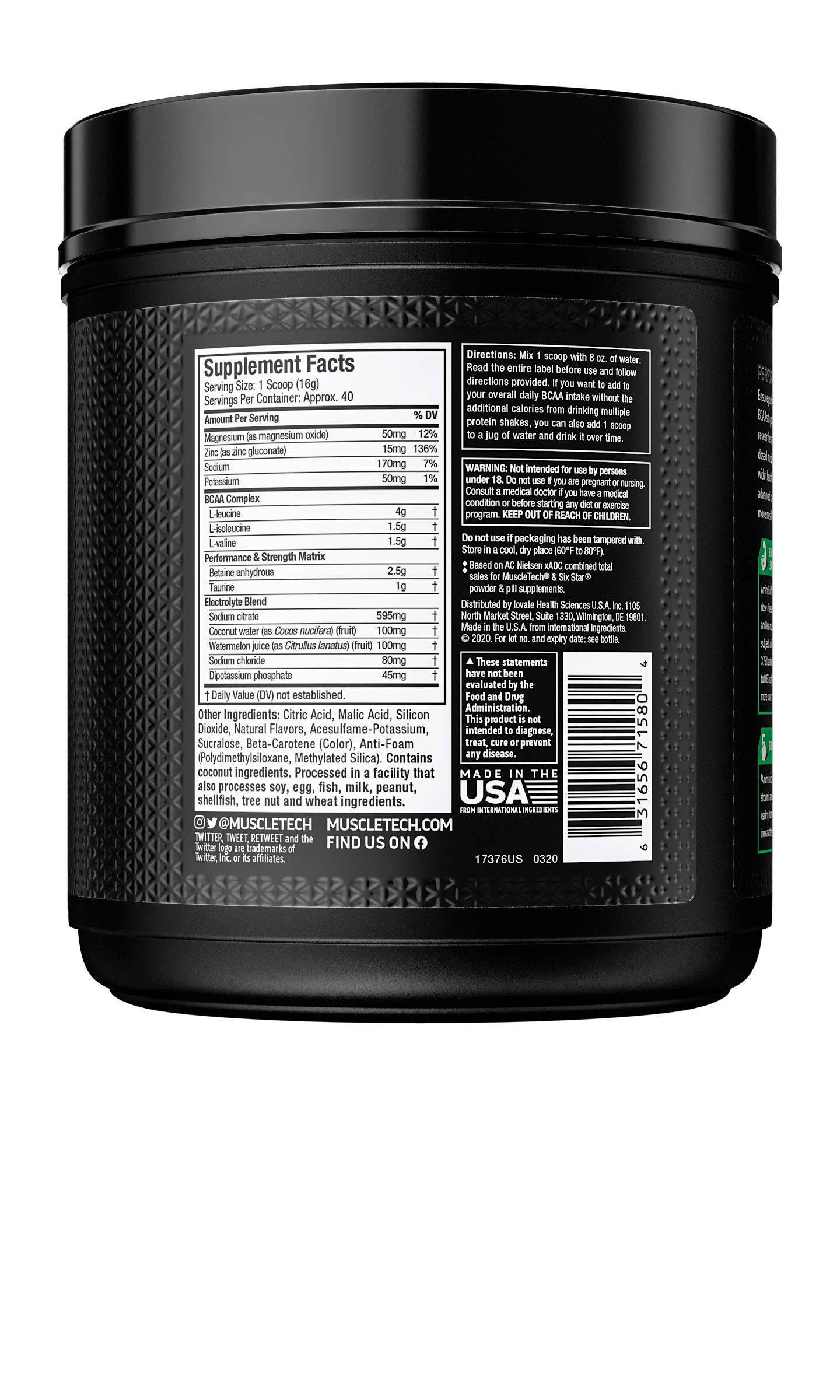 BCAA Amino Acids + Electrolyte Powder, MuscleTech Amino Build, 7g of BCAAs + Electrolytes, Support Muscle Recovery, Build Lean Muscle & Boost Endurance, Tropical Twist (40 Servings)