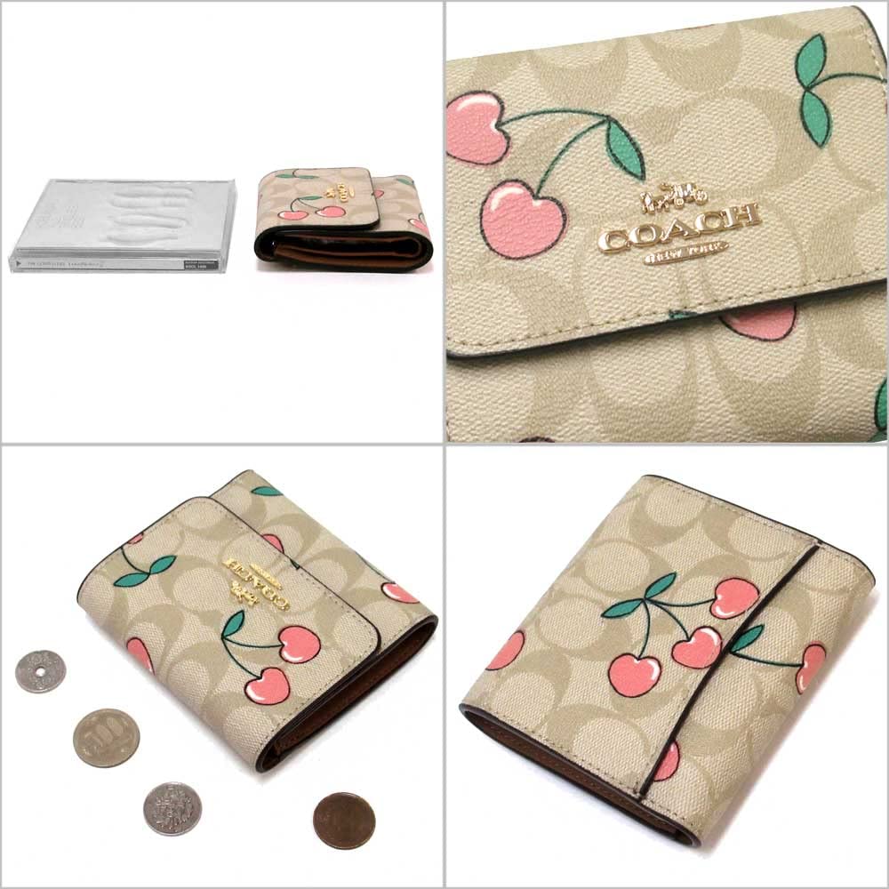 COACH Women's Small Trifold Wallet (Signature Coated Canvas, Heart Cherry Print - Light Khaki Multi)