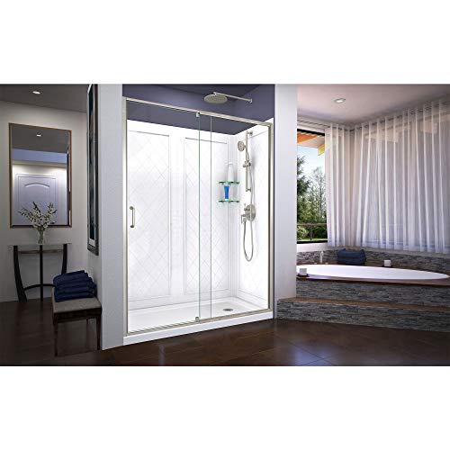 DreamLine Flex 34 in. D x 60 in. W x 76 3/4 in. H Semi-Frameless Shower Door in Brushed Nickel with Right Drain Base and Backwalls, DL-6229R-04