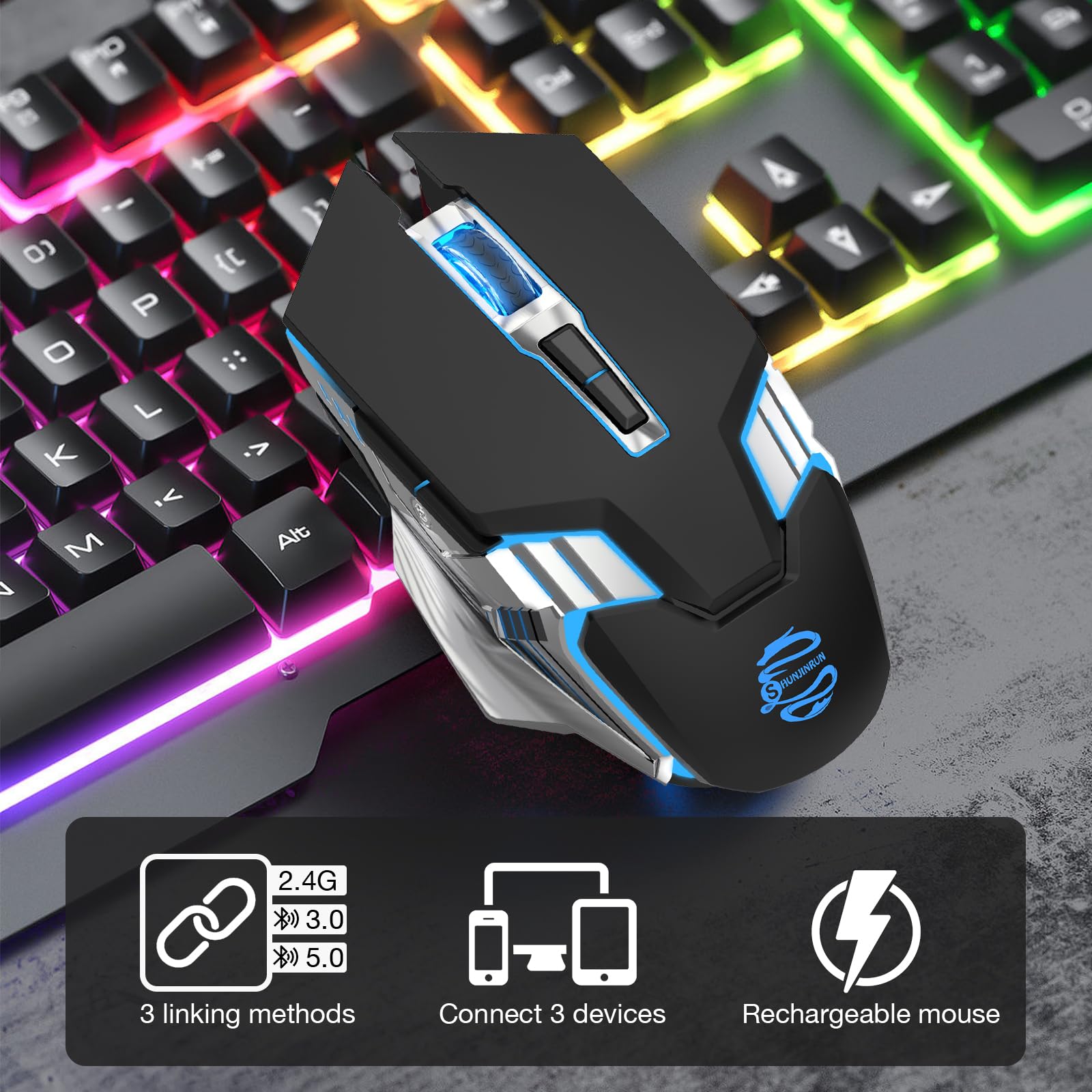 Bluetooth Mouse, Rechargeable Wireless Gaming Mouse Multi Device(BT 5.0/3.0+USB) with Side Buttons, RGB Light up Ergonomic Cordless Computer Mice for Laptop/PC/iPad/Mac/MacBook Pro/Tablet (Black)