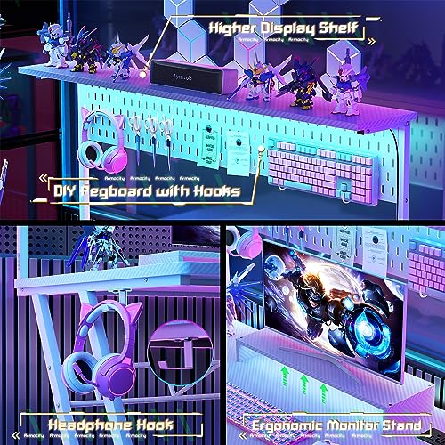 Gaming Computer Desk with Storage Shelves & Z-Shaped Legs, White Gaming Desk with Hutch and LED Lights, Reversible PC Gaming Desk with Pegboard for Bedroom & Small Spaces, Carbon Fiber Surface, 47''