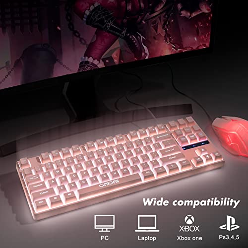 Gaming Keyboard and Mouse Pink Keyboard with White Backlit,CHONCHOW USB Wired 87key Gaming Keyboard Mini and Mouse 3600DPI,19 Keys No-Conflict, Illuminated Keys Compatible with PC/Ps4,Ps5/Xbox/Mac