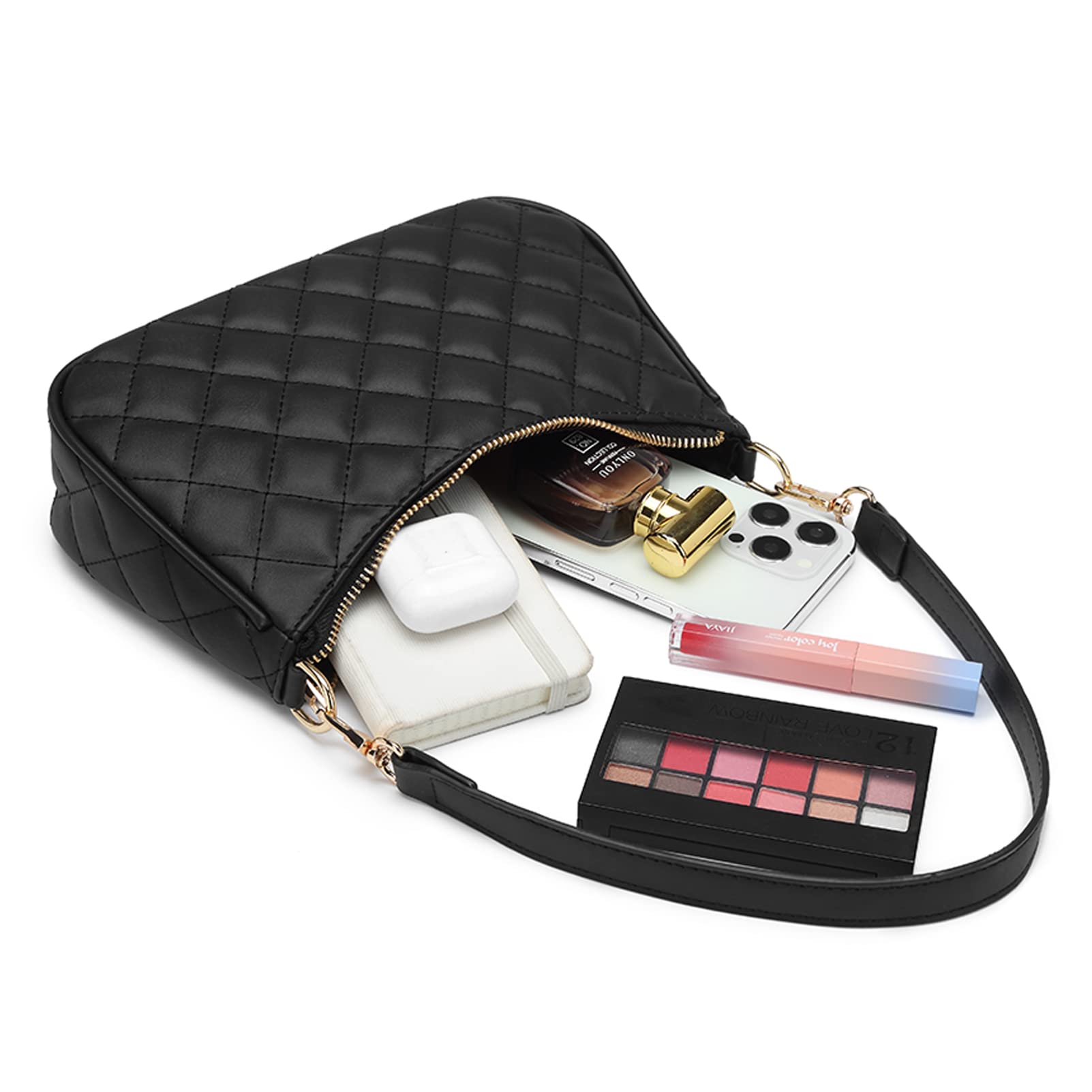 Barabum Retro Classic Clutch Shoulder Tote HandBag with Zipper Closure for Women (8-Quilted Black)