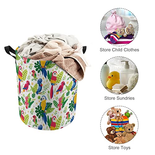 Cute Tropical Birds in Jungle Laundry Basket Round Collapsible Storage Bin with Drawstring and Handle for Bedroom Bathroom Toys Room 17.3" X 13.8"