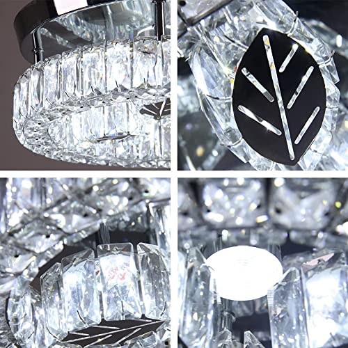 Finktonglan 11.6” Crystal LED Ceiling Light Flush Mount, Modern 30W Round Ceiling Lamp K9 Crystal Light Fixtures, Stainless Steel Leaf Crystal Chandelier for Dining Room Living Room (Cool White)