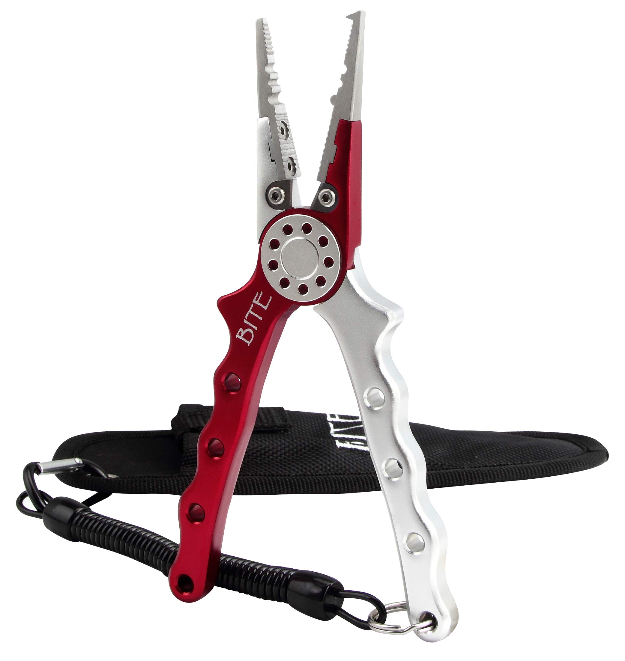 BITE Fishing Tackle 7 inch Fishing Pliers, Aluminum Fishing Tools, Saltwater Resistant Fishing Gear with Corrosion Resistant Coating and Rubber Handle,Fishing Gifts for Men RED Silver