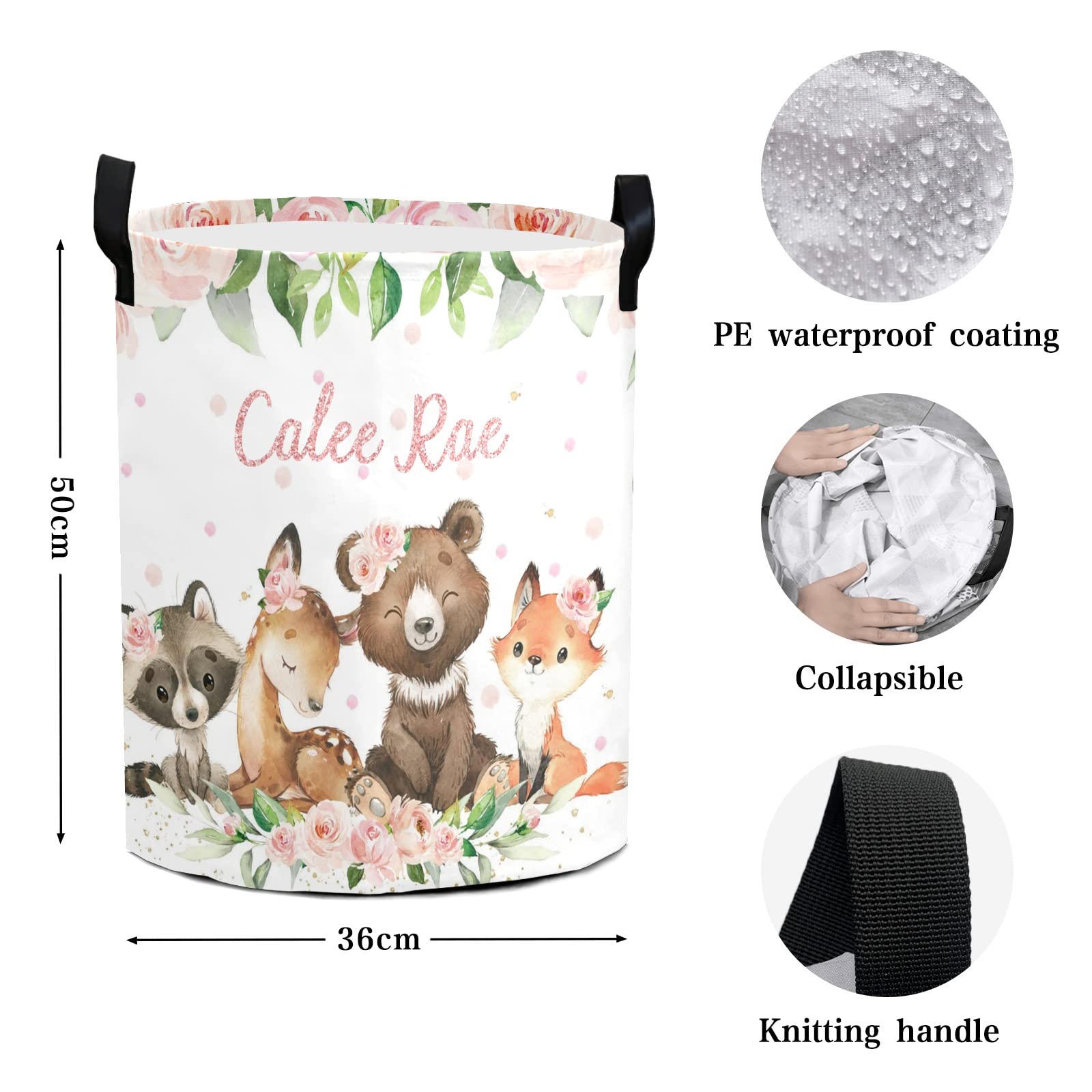 Cute Woodland Animals Blush Pink Floral Personalized Laundry Basket ,Custom Foldable Storage Bins Laundry Hamper for Nursery Pet Toys Clothes