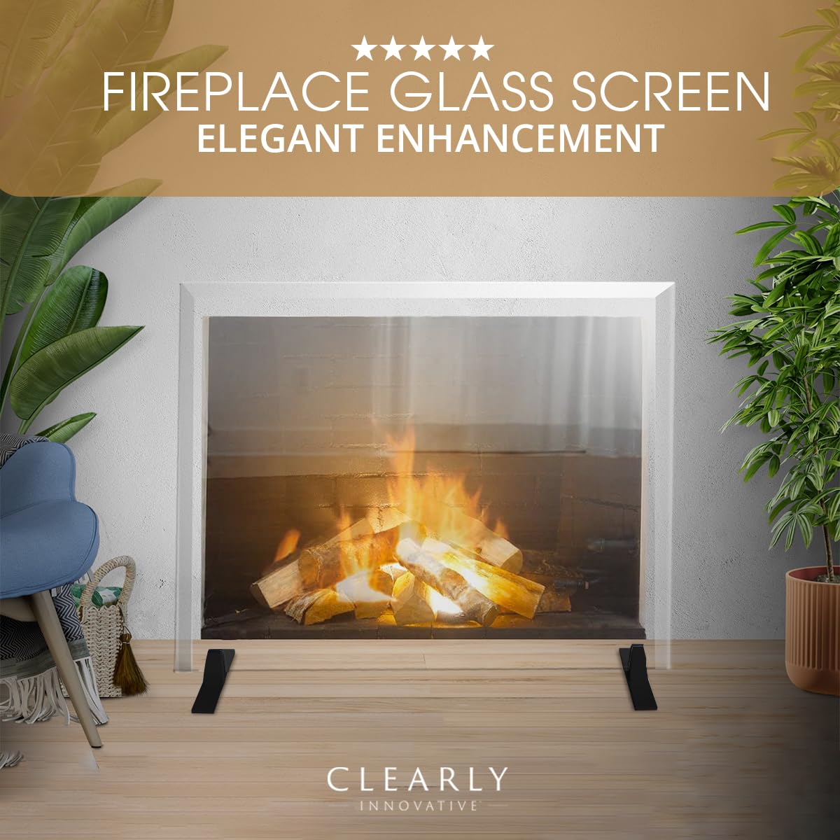 Premium Tempered Glass Fireplace Screen with Exclusive Beveled Edge | 29" H x 39" W Glass (30” H Installed) | Clear Glass, Metal Black Base | The Ultimate in Home Elegance by Clearly Innovative
