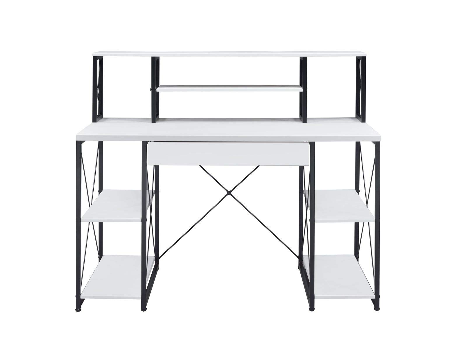 Binrrio 47" Computer Desk, Modern White Home Office Desk, Wooden Compact Writing Study Table Gaming Desk, Laptop PC Table Writing Study Table Workstation with Storage Drawer & Shelves