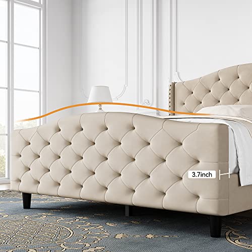 IDEALHOUSE Modern Upholstered Queen Bed Frame,Button Tufted Headboard and Footboard Design Solid Wooden Slat Support Easy Assembly,Beige (Queen)