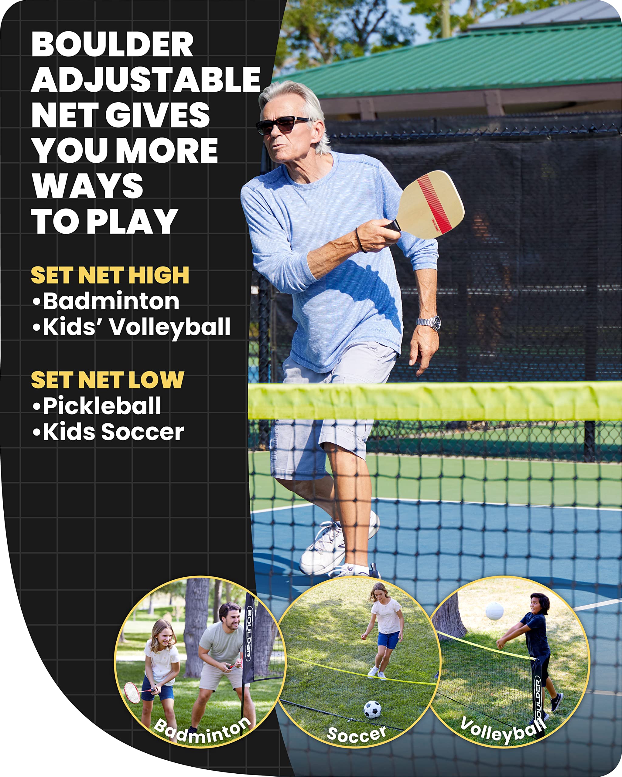BOULDER Sports Pickleball Paddles & Badminton Set for Backyard - Includes 4 Rackets, 2 Pickleball Paddles, 3 Shuttlecocks, 2 Pickleballs & 2 Travel Bags - Easy Setup Volleyball & Racket Sports Net
