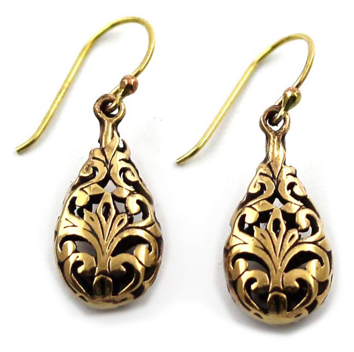 Bronze Vine Filigree Teardrop Shaped Drop Dangle Earrings Fish Hook Thailand Jewelry