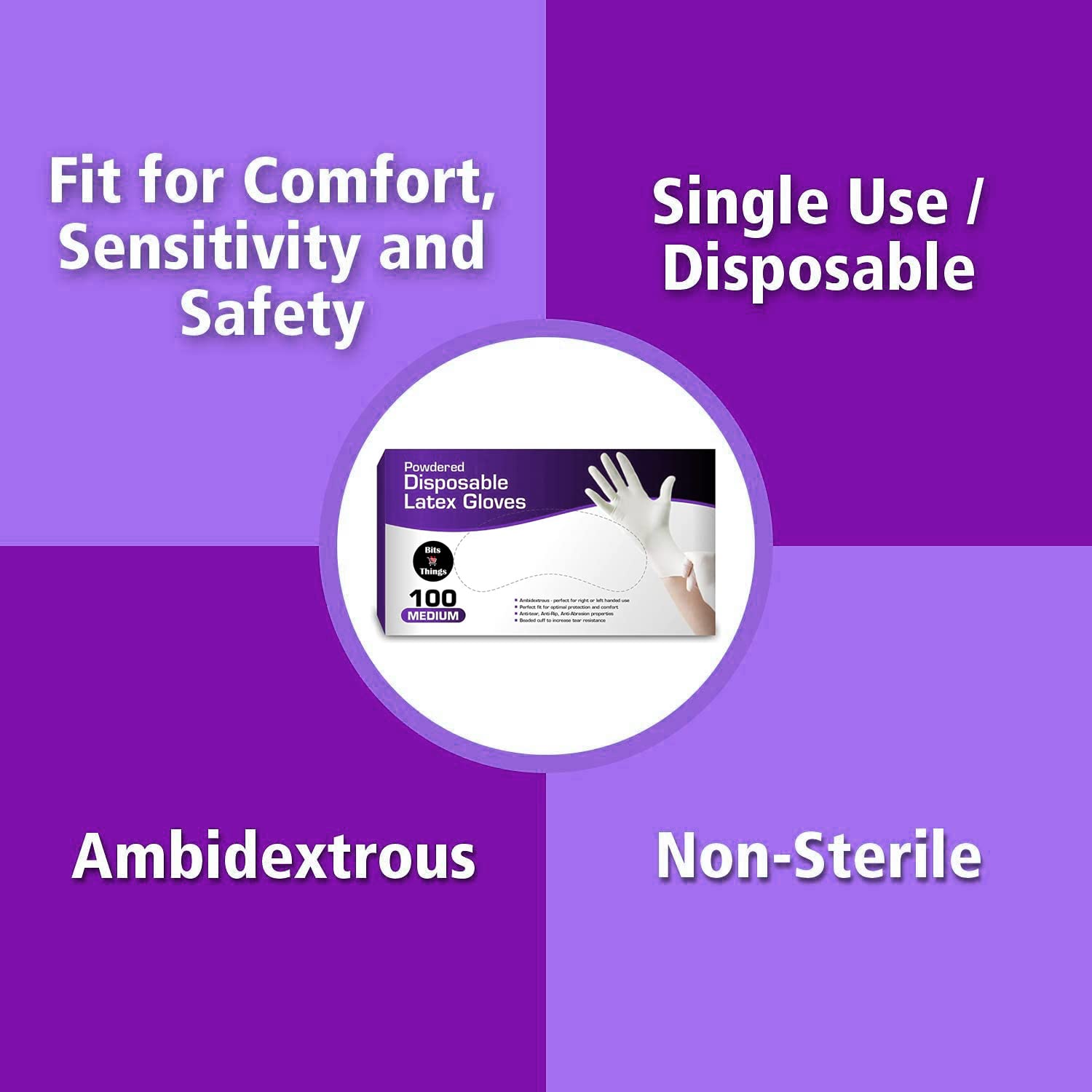 Bits N Things Latex Disposable Gloves, Comfortable, Powdered, 100 per Box (Medium)