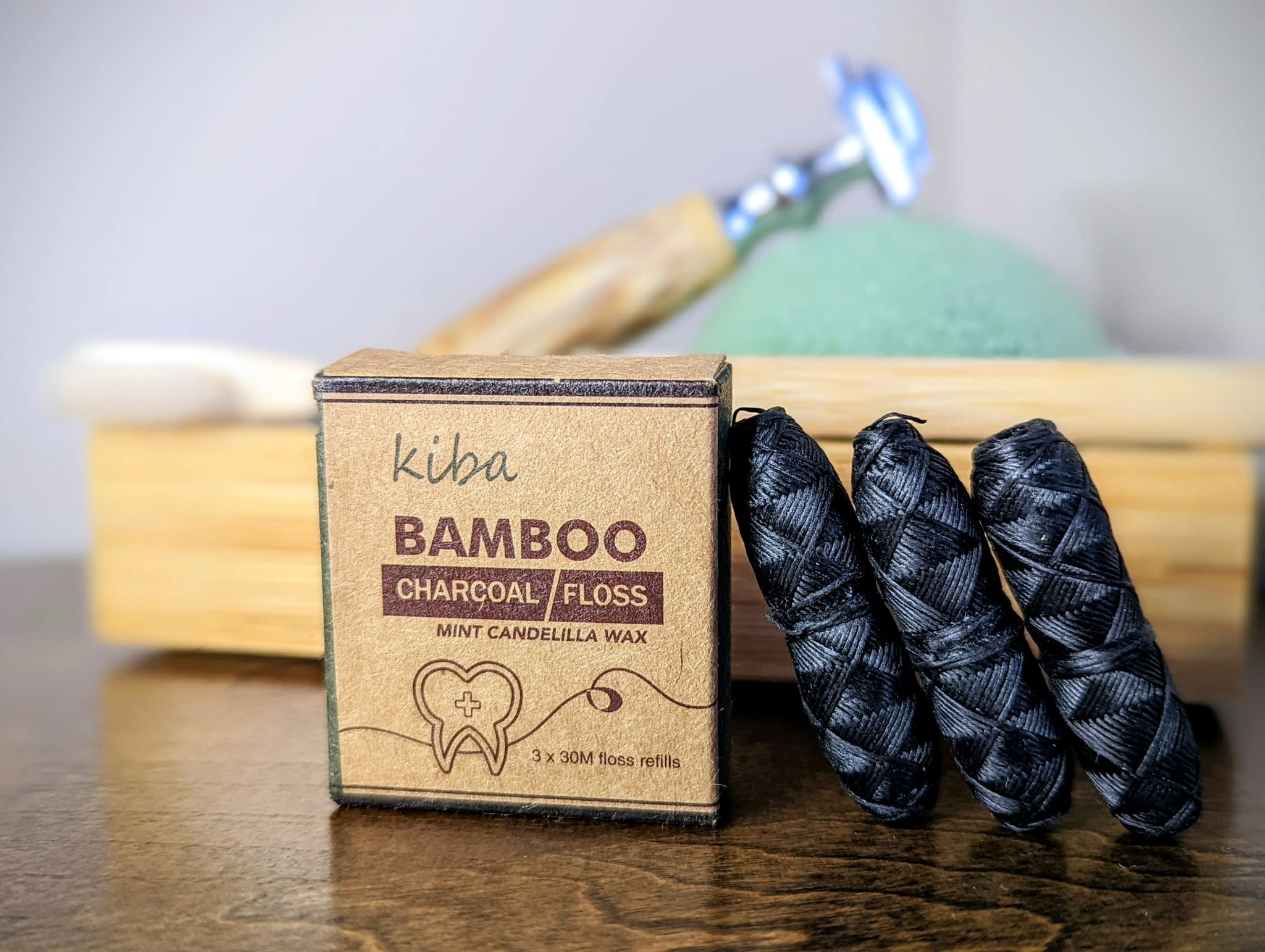 Kiba Bamboo Charcoal Floss 3 Piece Refill Set (3 x 30M Dental Floss Refills) - Eco Friendly Floss w/Candelilla Wax - Mint - Vegan