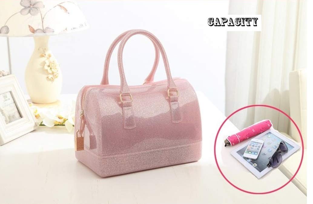 Ladies Summer Jelly Pillow-shaped Top Handle Handbag Candy Color Transparent Crystal Purse (Glitter Pink)