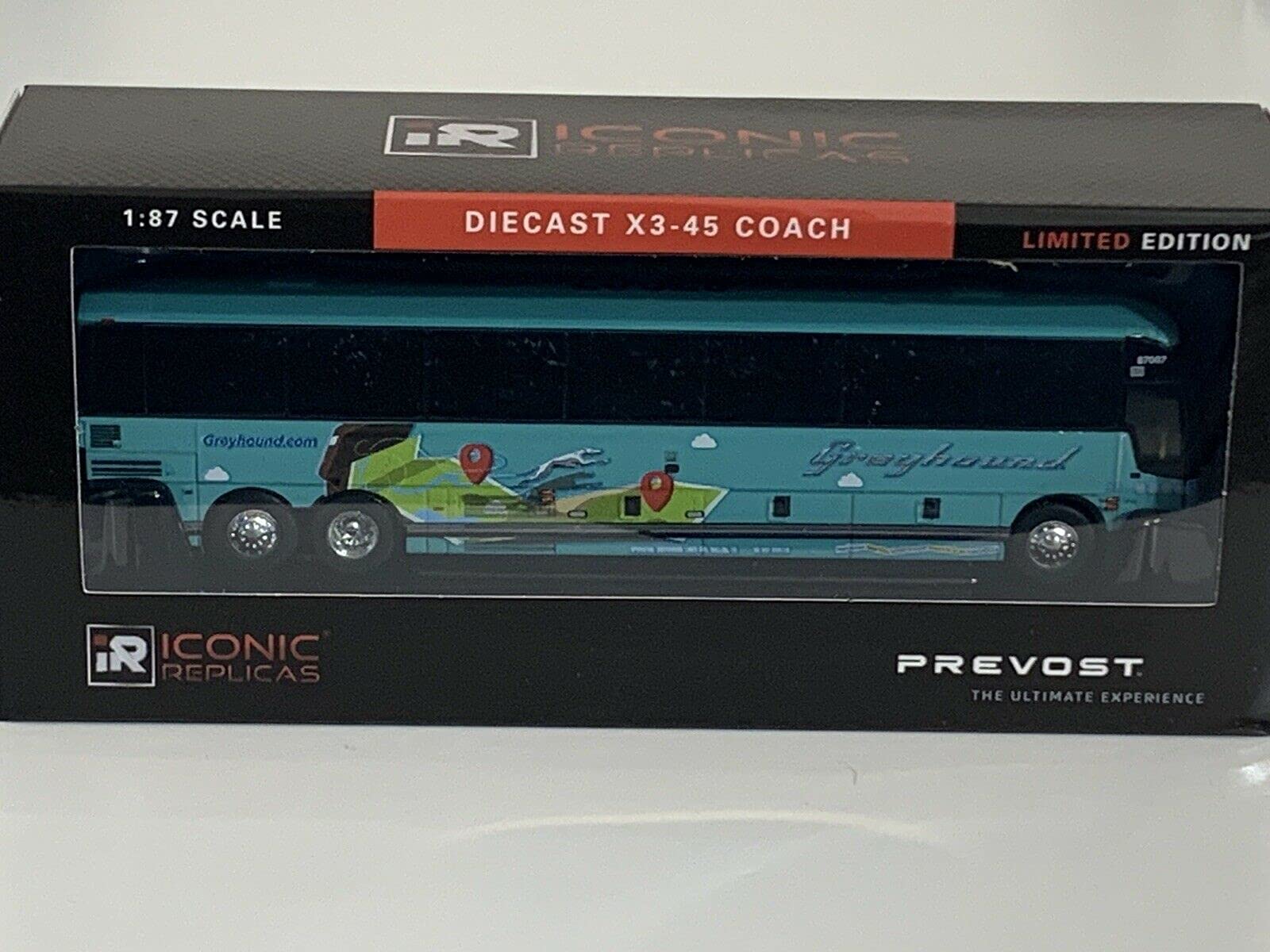 Prevost X345 Greyhound Diecast Bus 1:87-HO Scale Iconic Replicas Go Far Livery-Special Edition New in The Box, Green