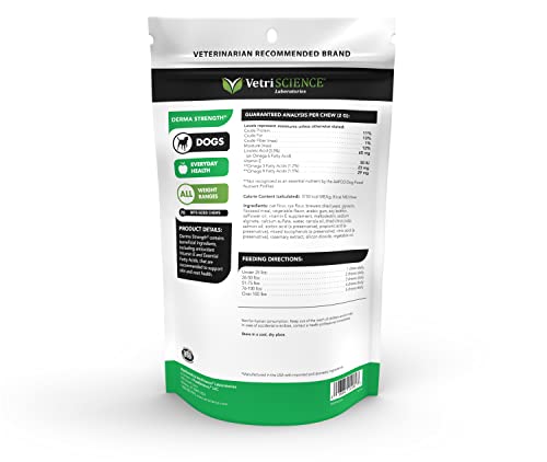 VetriScience Derma Strength Healthy Skin and Coat Chews with Omega 3, 6 and 9 for Dogs, 70 Chews - Can Reduce Shedding and Support Skin Health