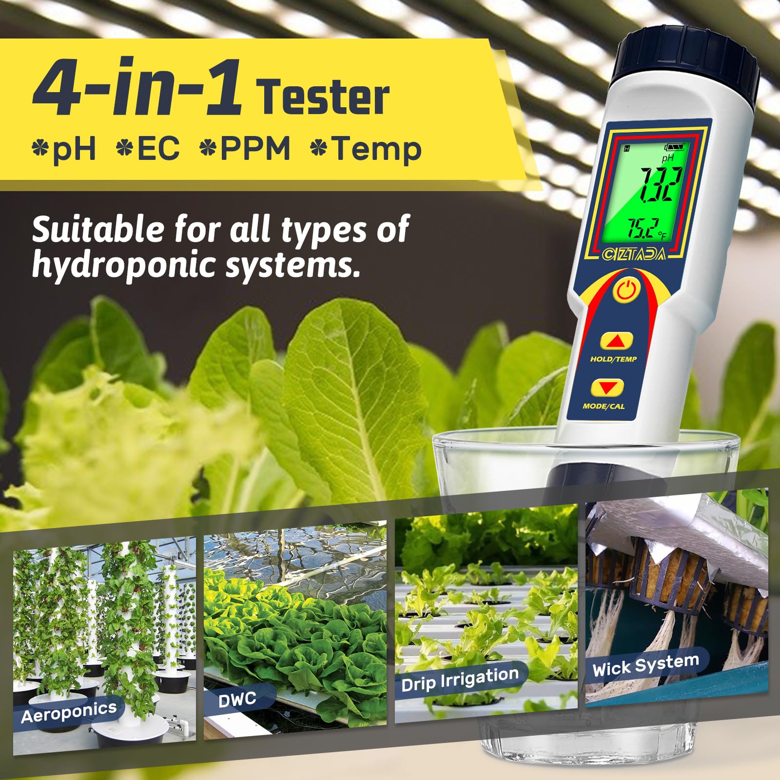 CIZTADA pH Meter for Water 4 in 1 pH EC TDS Temp Meter for Hydroponics PPM and EC Water Tester Digital pH PPM Meter for Nutrients Growing Hydroponics Gardening DWC hydroponics System