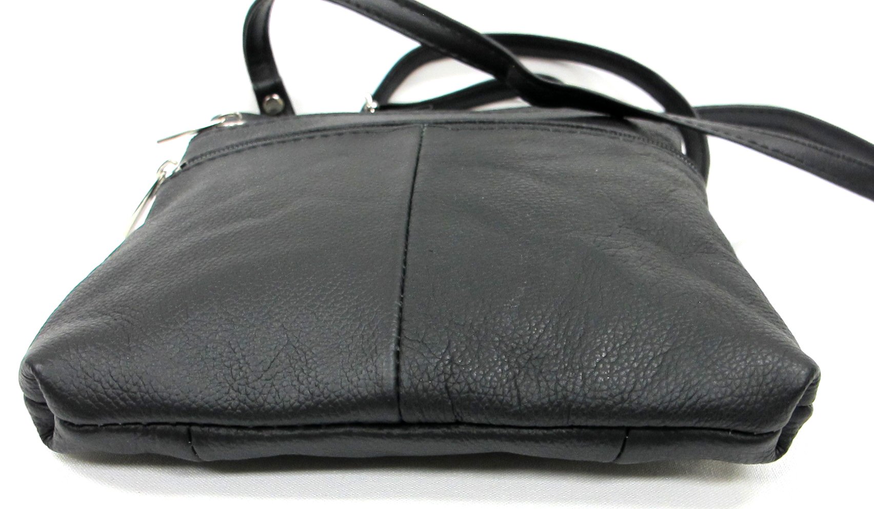 Lady's 5 Zipper Pocket 100% Leather Cross Body Slim Purse Paisley Lining- 5 Color (Black)