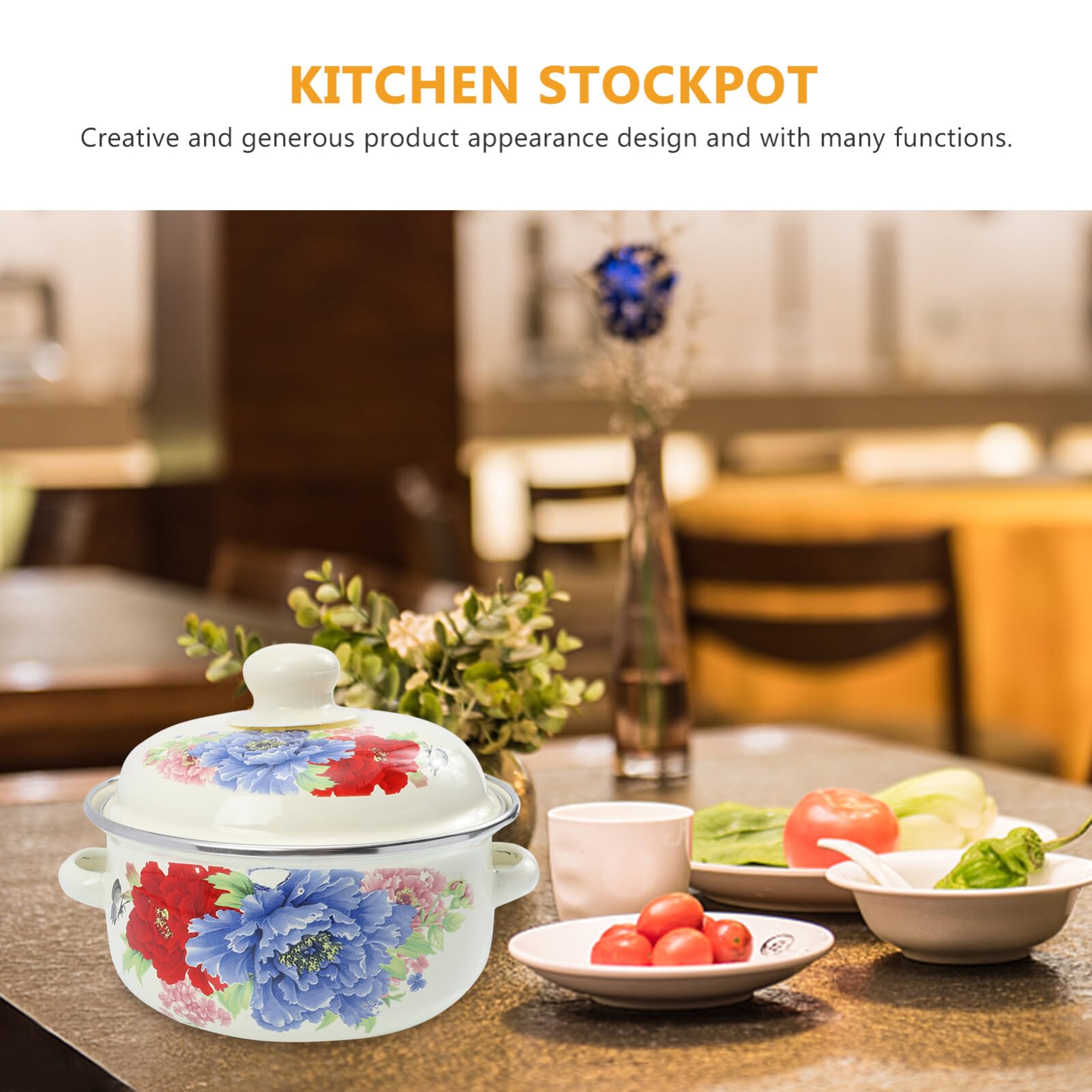 Cooking Pot Enamel Stew Pot Vintage Floral Casserole Pot Oven Pot Stockpot Enamel Camping Cookware Enamelware Pot with Lid and Handle Household Soup Pot random pattern
