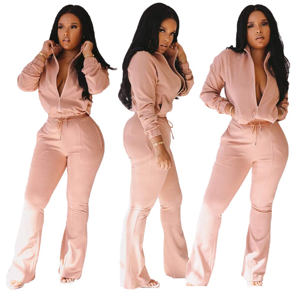 Bluewolfsea Tracksuit for Women Set - Two Piece Outfits Casual Long Sleeve Zip Top Sweatshirt + Bell Bottoms Jogging Sets Large Pink