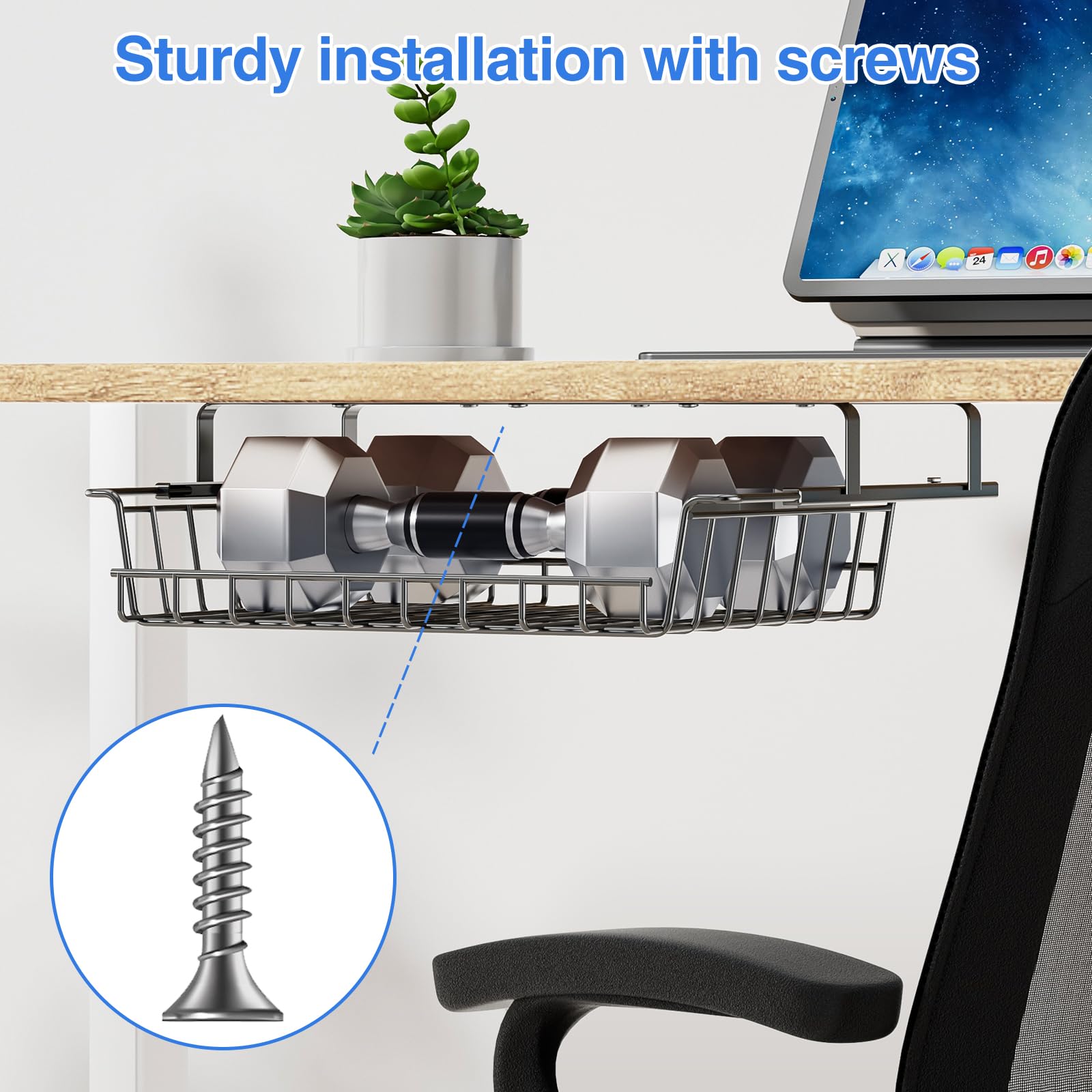 BIWIST Under Desk Storage Shelf 1 Pack, Under Desk Cable Management Slide Out, Metal Under Desk Drawer Tray Basket, Large Drill Under Desk Cord Organizer And Under Table Storage For Home Offices