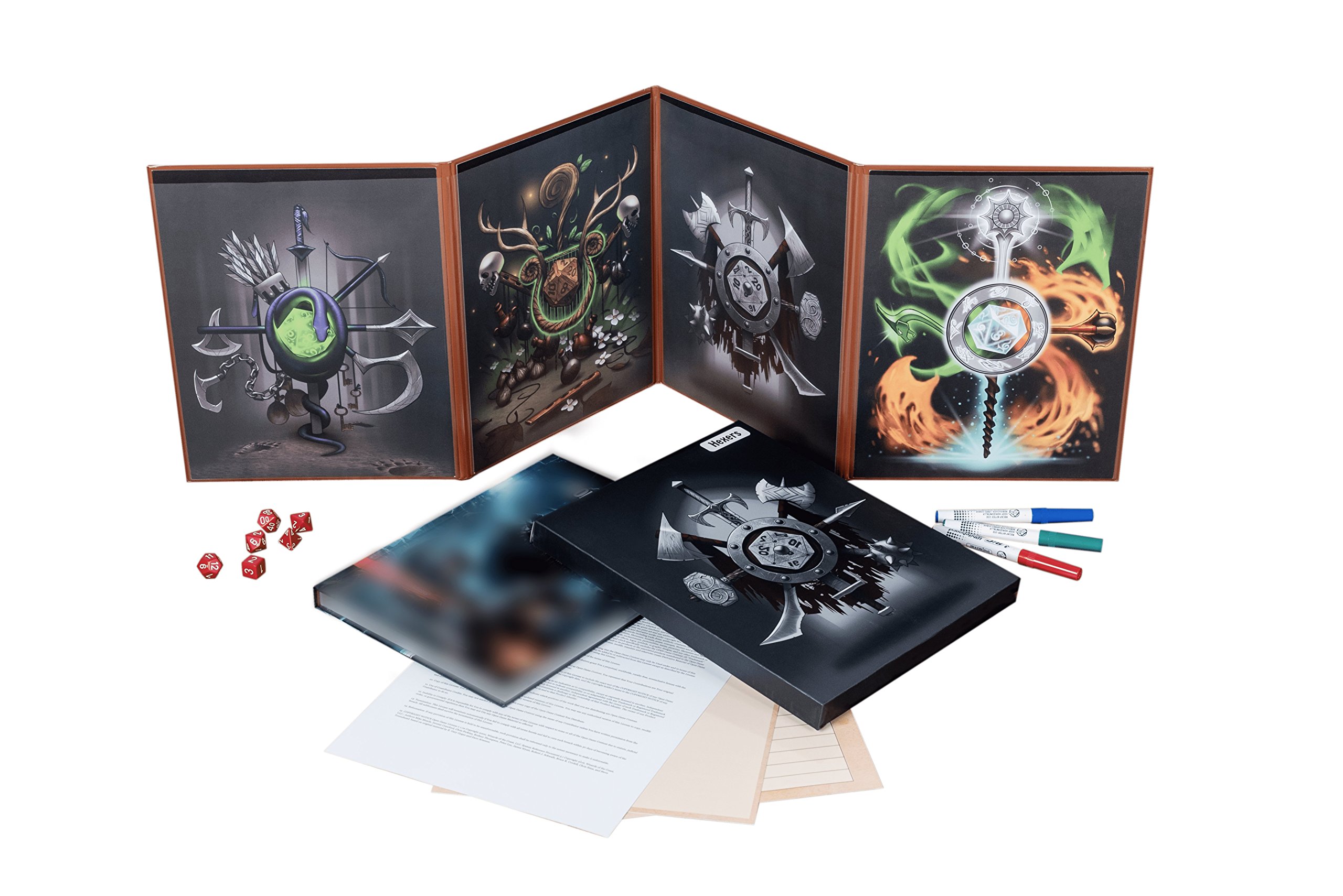 Hexers Game Master Screen, Compatible with Dungeons and Dragons, DND DM Pathfinder RPG Role-Playing, 4 Customizable Panels Inserts Included That Slide into The Pouches, Dry Erase Tracker Sheet