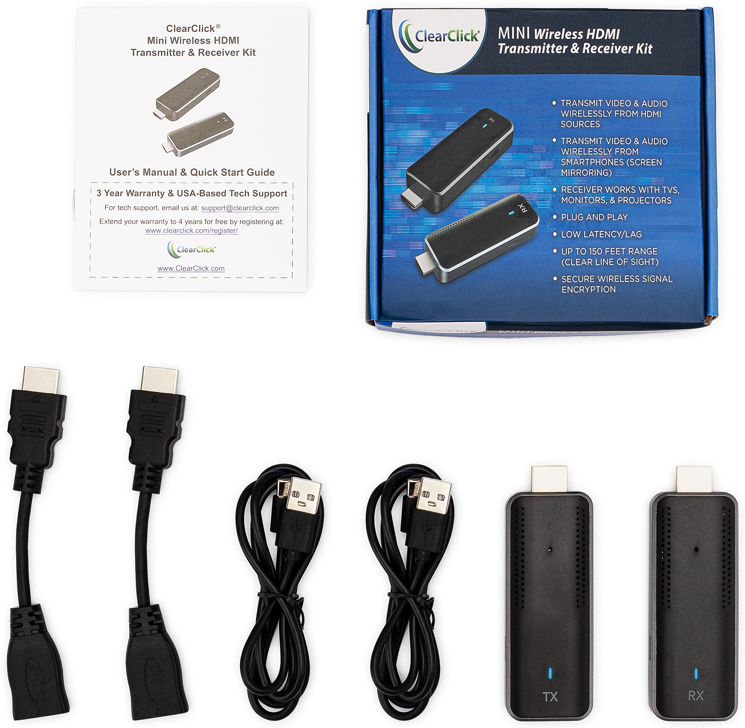 ClearClick Mini Wireless HDMI Transmitter & Receiver Kit - Transmit HDMI Video Up to 1080P - Transmit from HDMI, Phone, or Tablet - Up to 150' Range