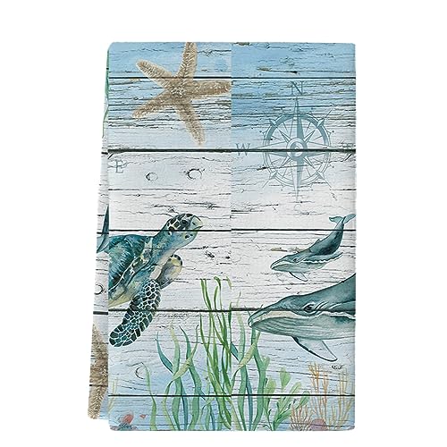 Kitchen Towels Sea Whale Starfish Absorbent Tea Towel Soft Hand Dish Towel Rustic Wood Ocean Compass Blue Reusable Washable Cleaning Cloth Bath Towels for Bathroom Bar for Everyday Cooking (Pack of 1)