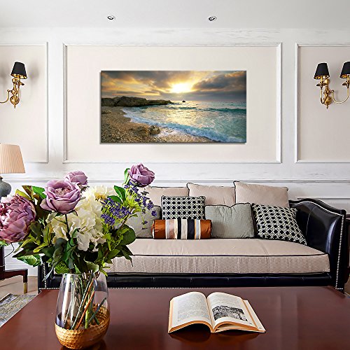 Canvas Wall Art Sunset Beach Blue Waves Ocean Art Large Modern Artwork Canvas Prints Contemporary Pictures Framed Ready to Hang for Home Decoration