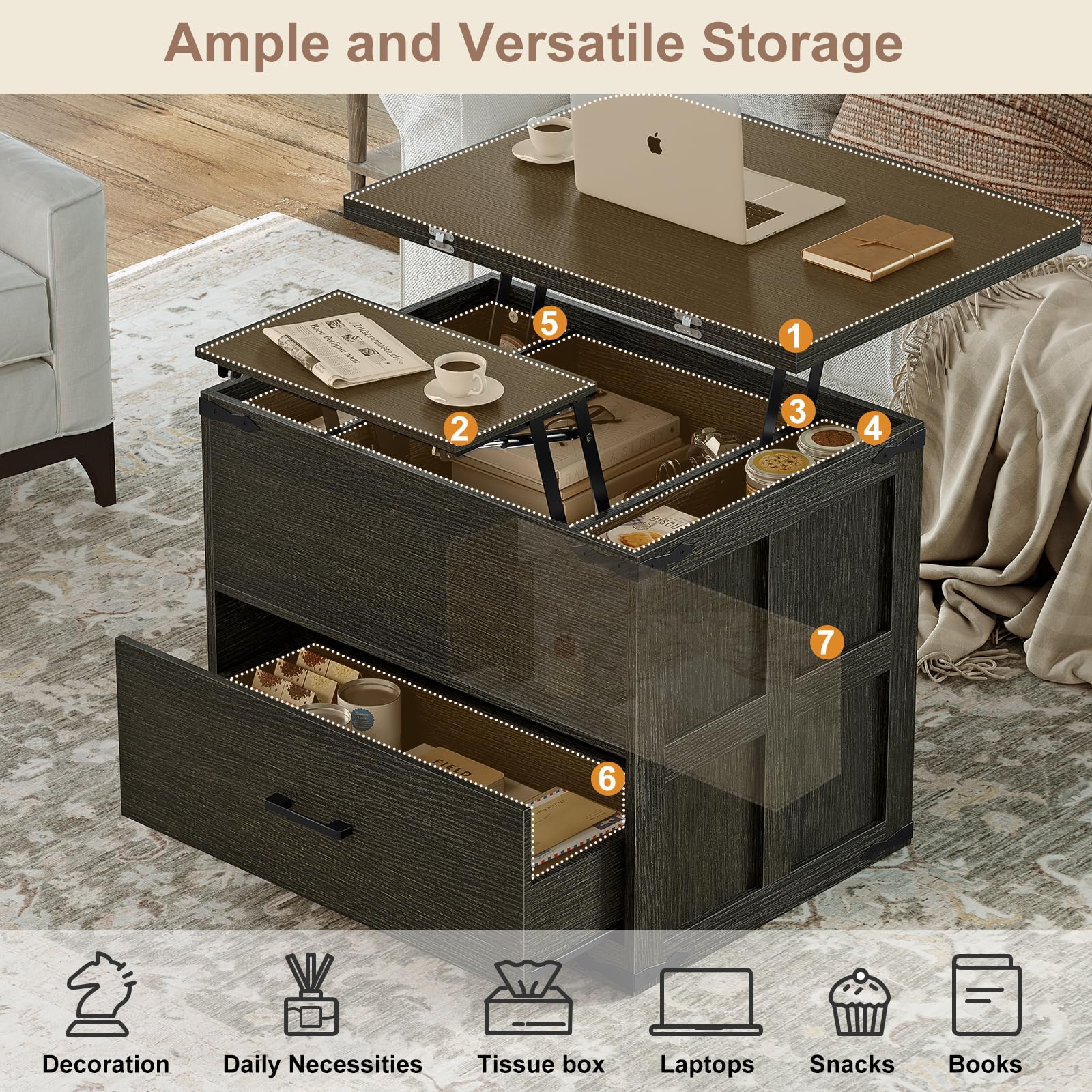 FABATO Lift Top Coffee Table, Farmhouse Coffee Table, Convertible Coffee Table with Storage and Drawer, Multifunctional Center Table Converts to Dining Game Table for Living Room, Dark Gray