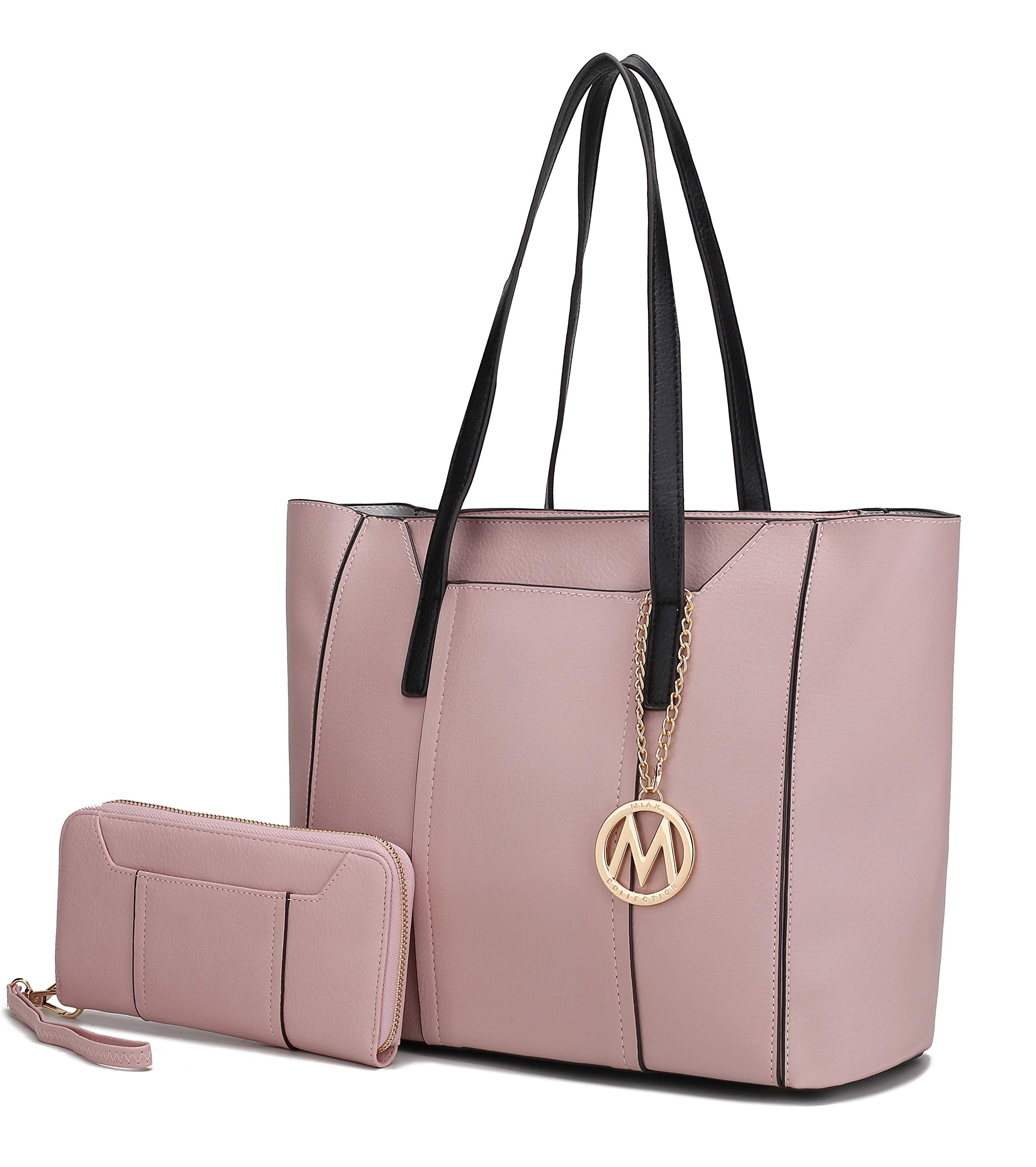 MKF Set Shoulder Bag for Women & Wristlet Wallet Purse: Top Handle Tote Satchel PU Leather Handbag Pocketbook Dark Pink