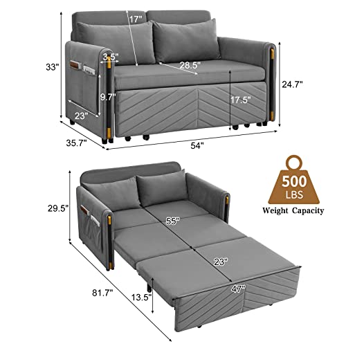 KIVENJAJA Convertible Sleeper Sofa Bed, Modern Velvet Loveseat Couch with Pull Out Bed, Small Love Seat Futon Sofa Bed with Headboard, 2 Pillows & Side Pockets for Living Room, 54β (Grey)