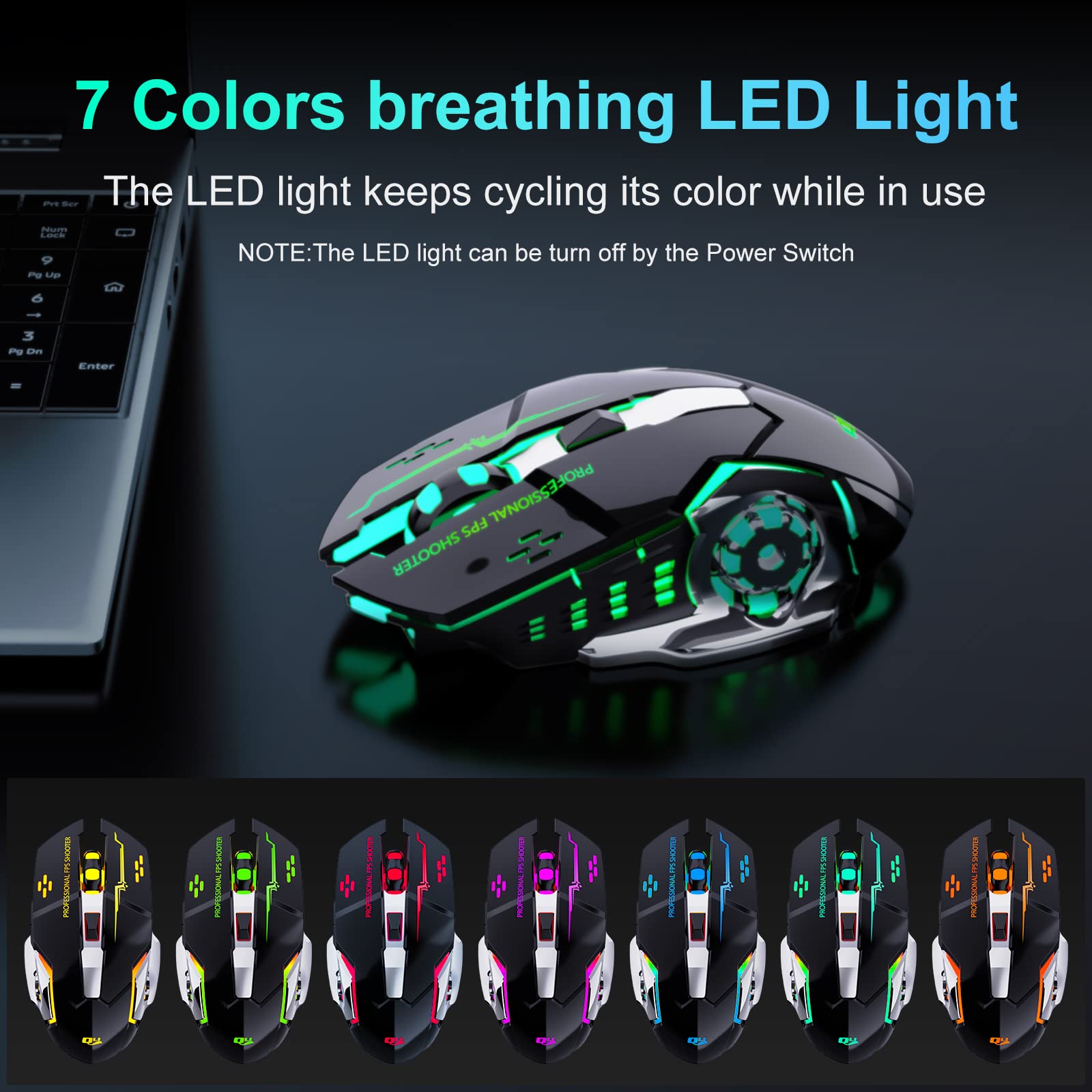 QELIROKY New 2.4G Wireless Rechargeable Gaming Mouse Silent Click with 6 Buttons, 3 Adjustable Levels DPI, Colorful LED Lights for Laptop, iPad, MacOS, PC, Windows, Android (Black)
