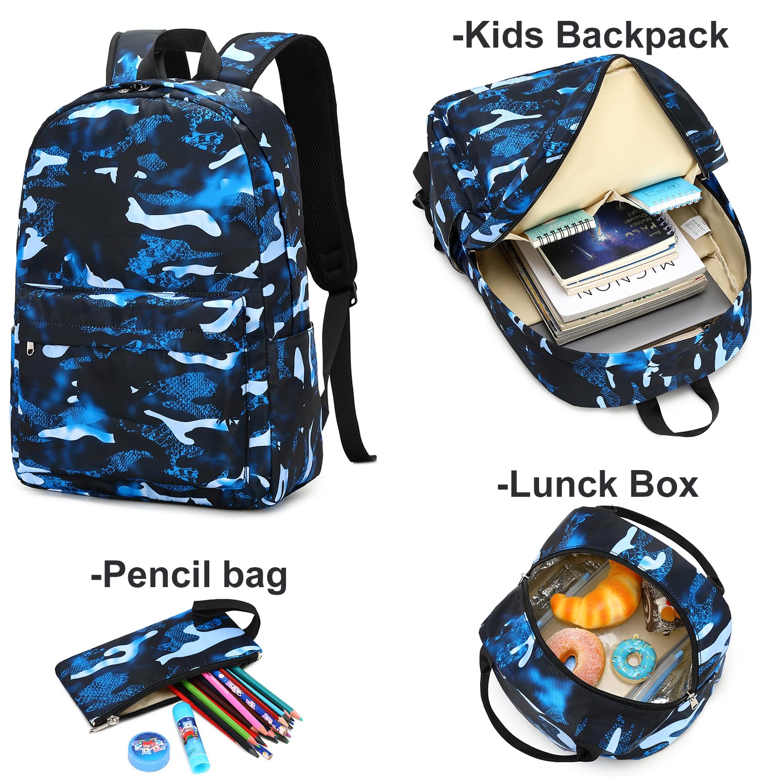 Bluboon School Backpack for Boys Teens Bookbag Travel Daypack Kids Lunch Bag Pencil Case (Camouflage-3pcs)