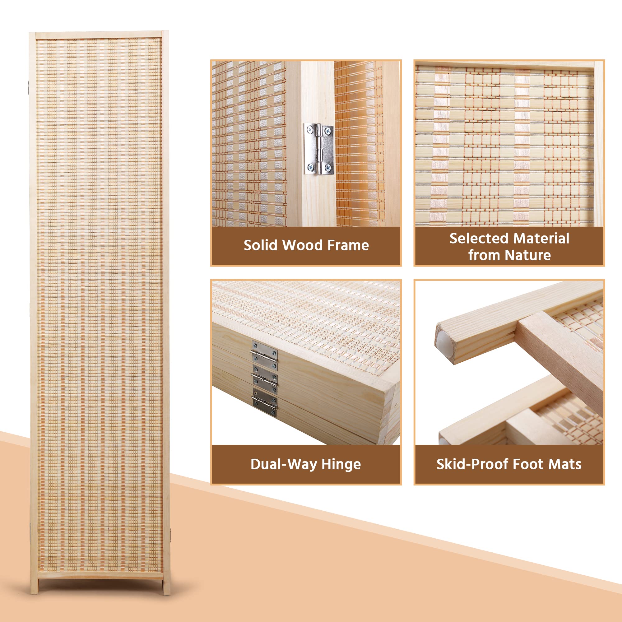 JAXPETY 6 Panel Room Divider 6ft Tall Folding Privacy Screen Freestanding Rustic and Natural Bamboo Room Partition for Home Office, Natural Color
