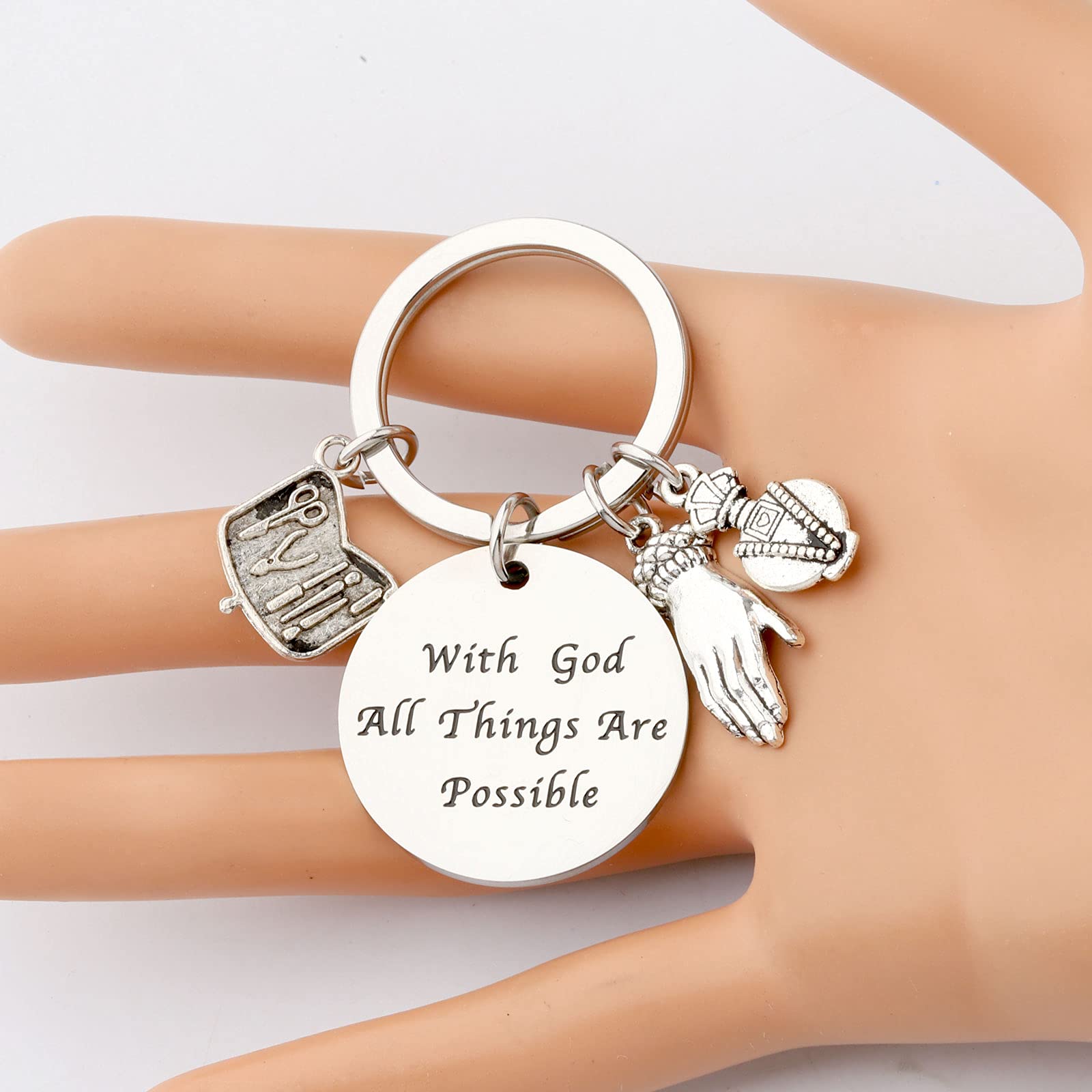 BEKECH Manicurist Keychain Gift With God All Things Are Possible Manicure Technician Keychain Gift for Nail Tech Nail Artist Cosmetology Gift for Graduate (silver)