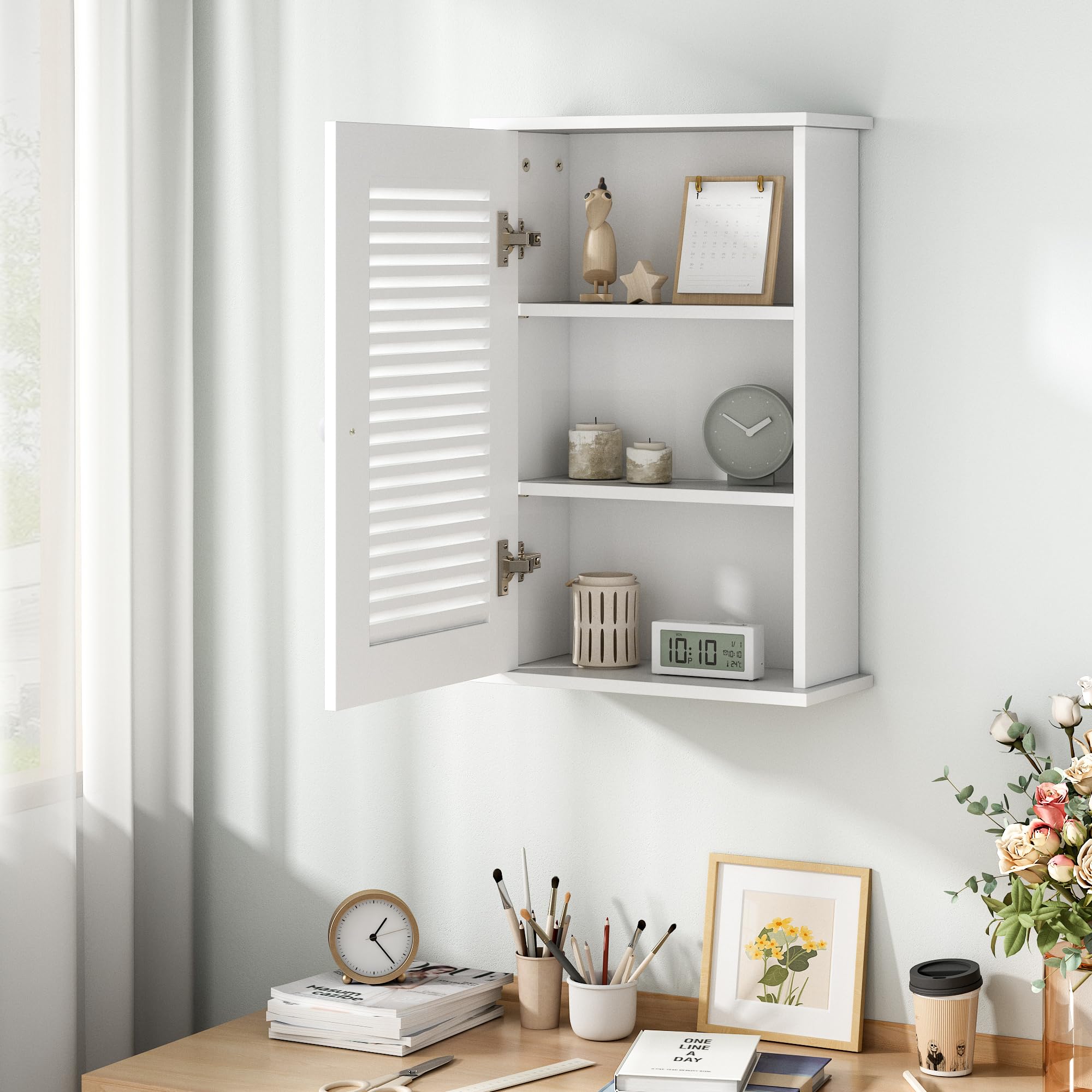 JAXPETY Bathroom Wall Cabinet 3-Tier Storage Organizer with Single Louvered Door,Wooden Medicine Cabinets with Adjustable Shelf for Bathroom&Living Room,White