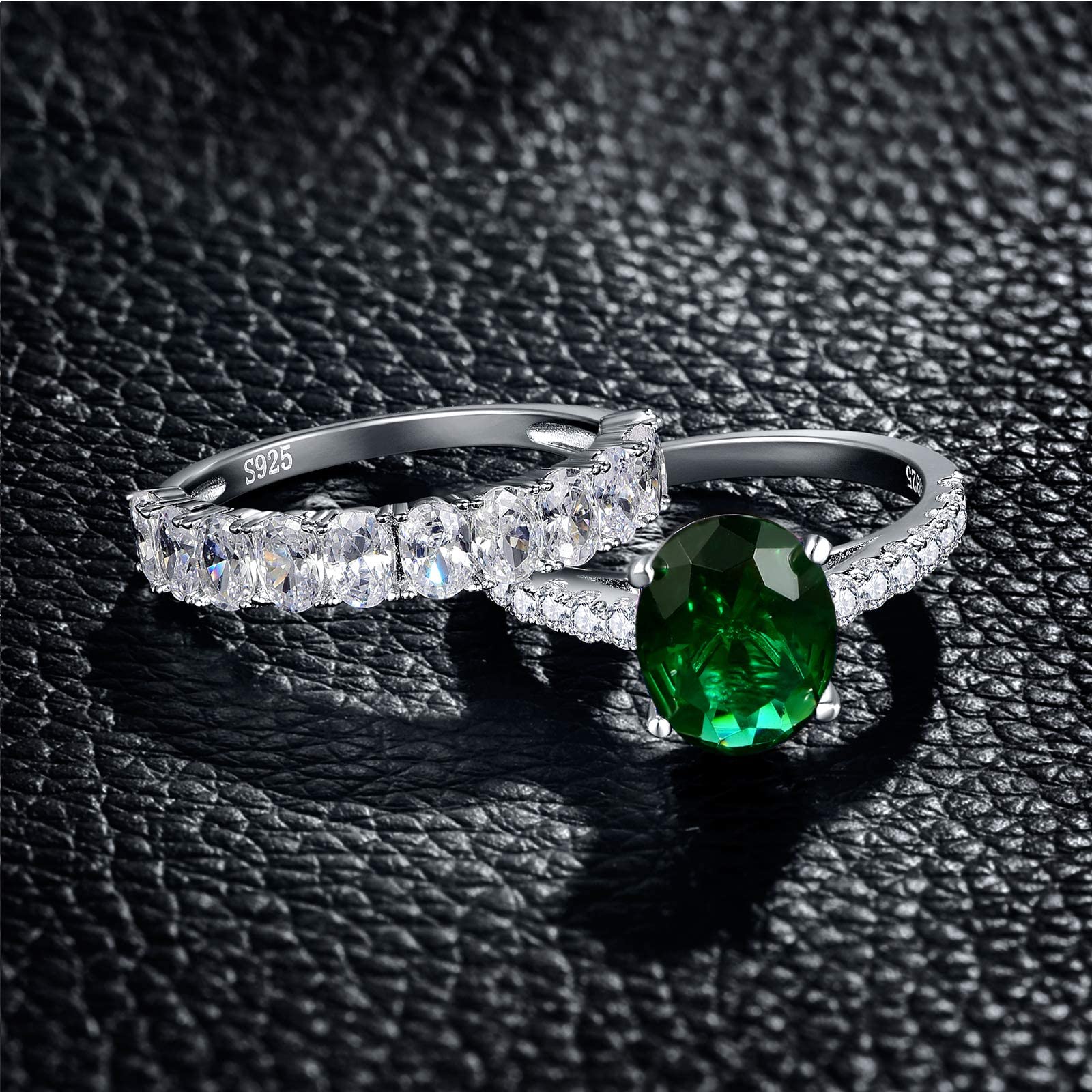 BONLAVIE 2ct Oval Cut Created Emerald Ring for Women with White Cubic Zirconia 925 Sterling Silver Ring Bridal Ring Set Wedding Ring Set for Women Set Size 14