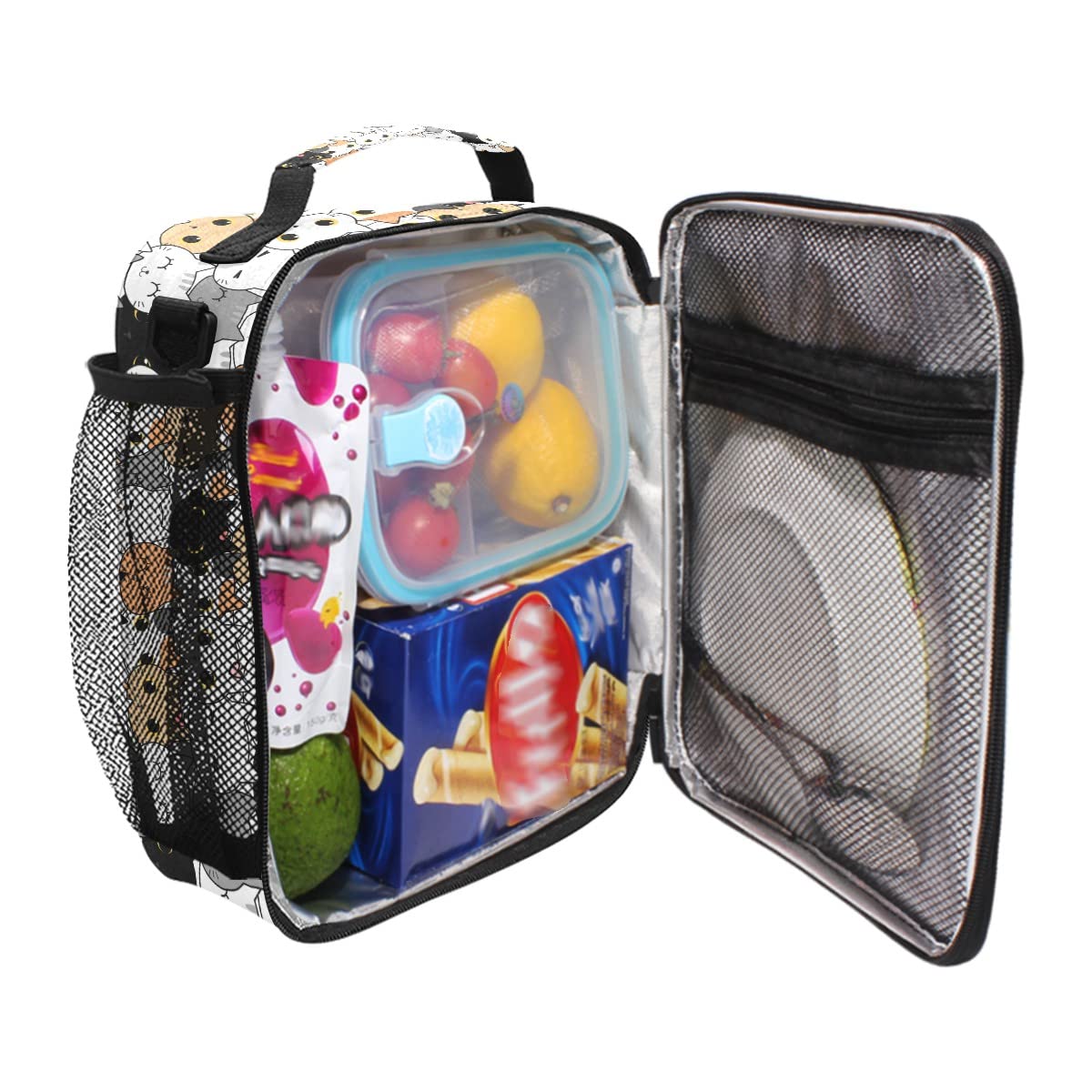 Cute Cats Kitten Pattern Lunch Bag Box Insulated Cooler Lunch Tote Bag Meal Organizer with Shoulder Strap for Women Girls Boys School