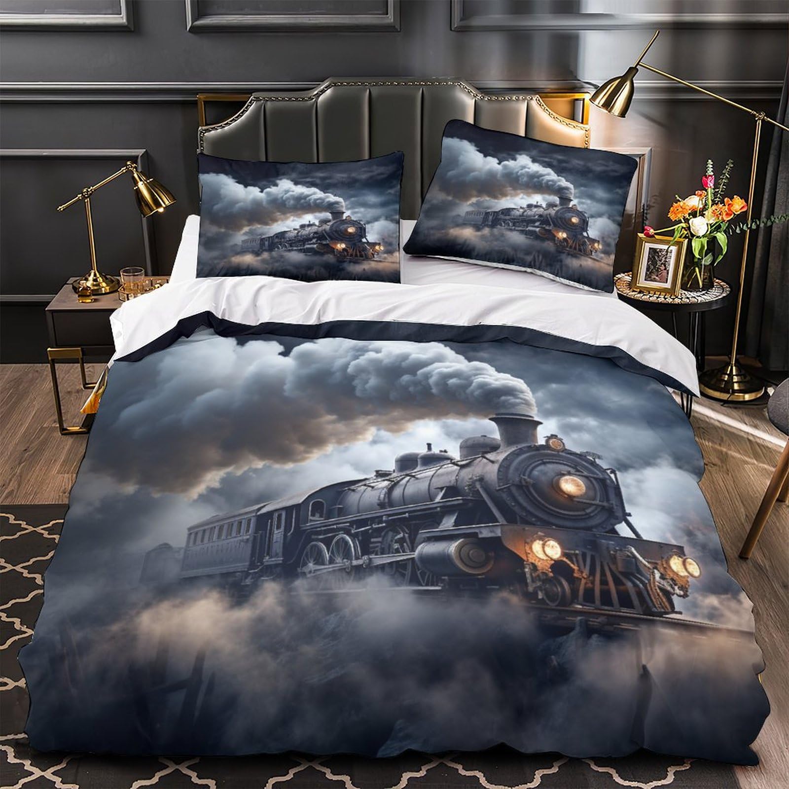 EVMILA Steam Train Comforter Covers Duvet Cover Quilt Cover for Boys Girls 3D Printed Steampunk Bedding Set with Zipper Closure Soft Microfiber with Pillow Cases 3 Pieces Twin(173x218cm)