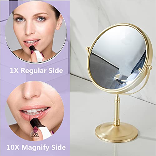 HIHIA Brushed Gold Makeup Mirror Tabletop, Double-Side 1X-10X, Freestanding 360 Swivel Cosmetic Vanity Mirror for Table Desk, Made of Copper, No Light Brushed Gold (8 Inch, 10X)