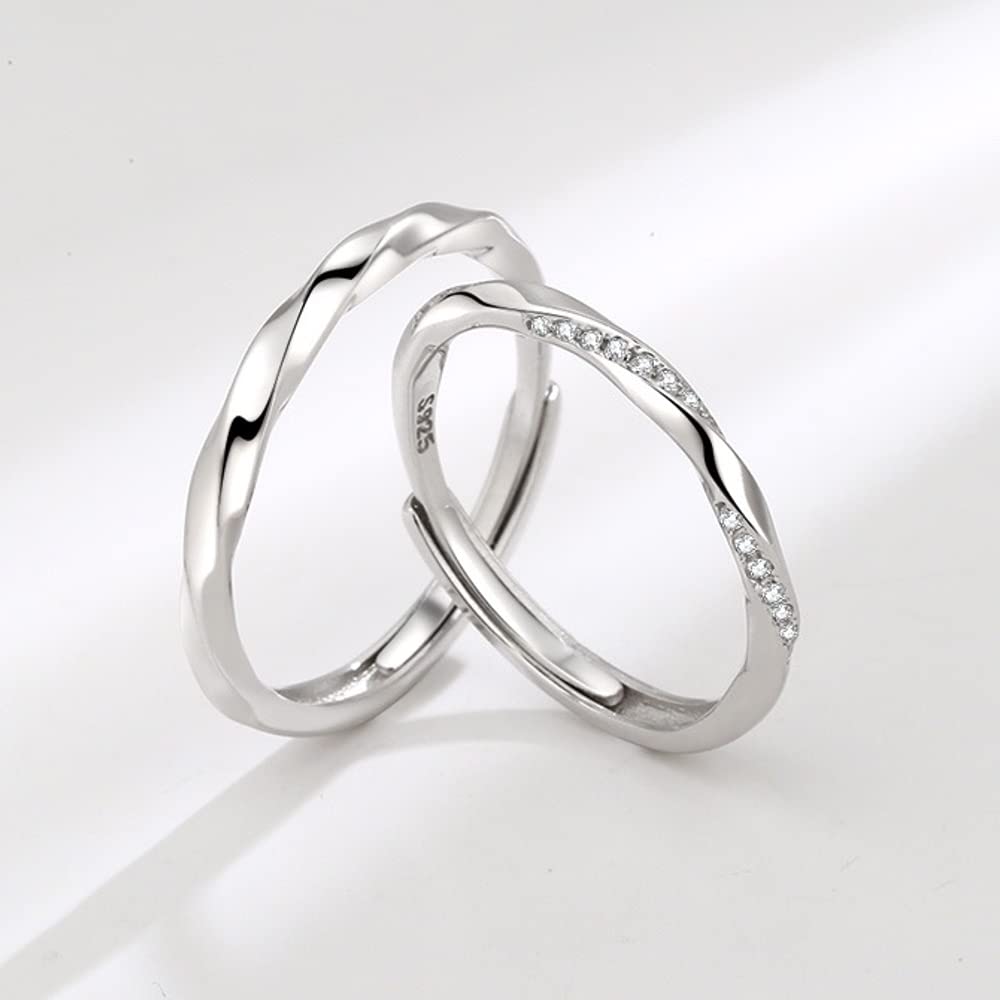 Cathay Select [New] Sterling Silver 925, Couple Rings Set, Adjustable Rings, Engagement Wedding Lovers Promise Rings